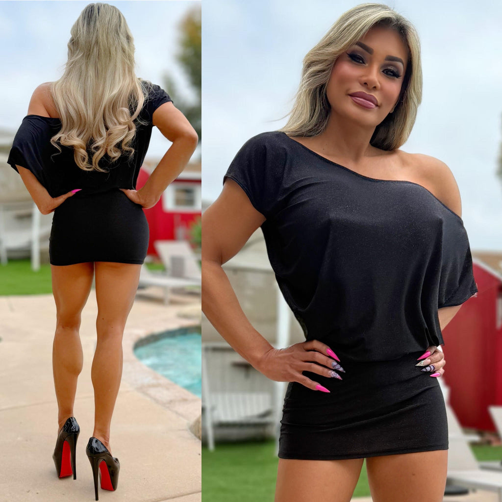 Connie's LIMITED "Semi Sheer BLACK SPARKLE MINI" RICH OFF SHOULDER ...